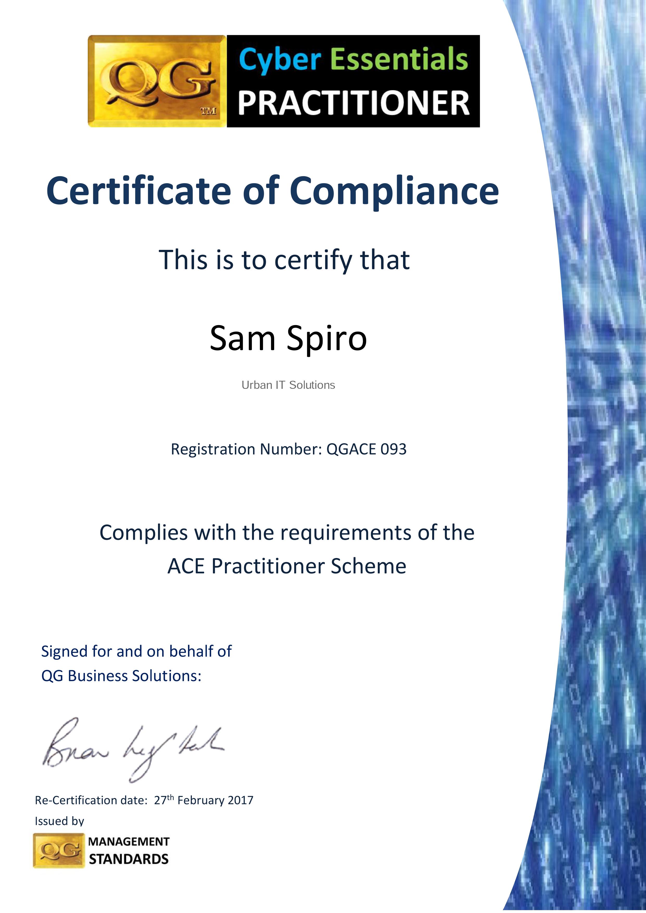QGACE093 15 16 cert Sam - QG Management Standards