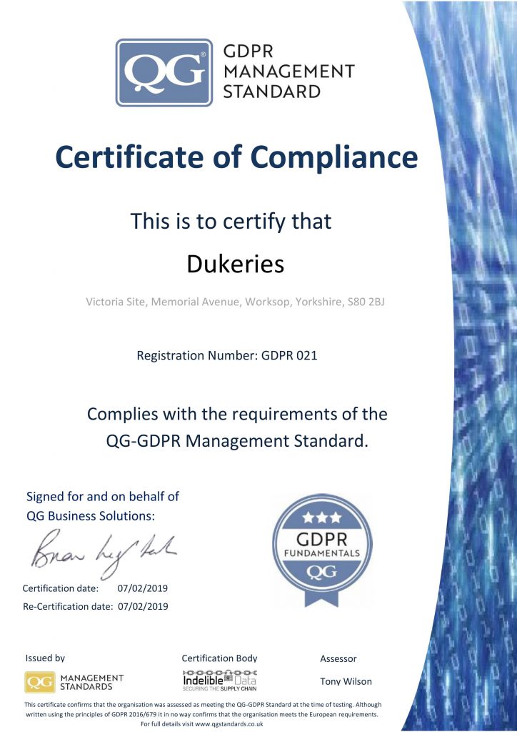 19 20 GDPR Certificate - QG Management Standards